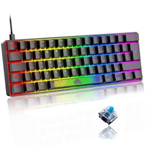 60% compact type c - usb wired mechanical keyboard uk, blue switch, rgb backlit rainbow led, anti-ghosting, media keys, laser carving, ergonomic aesthetic, for computer pc laptop ps4 xbox - black