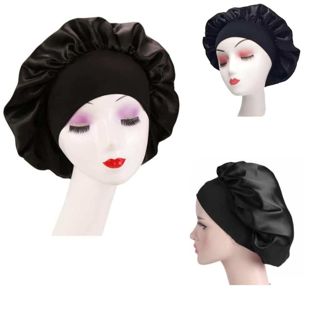 LFRNZS Satin Bonnet, Sleep Cap for Women Hair Care，Sleeping Hair Bonnet, Soft Wide Elastic Band Silk Bonnet, Night Bonnet (Black)