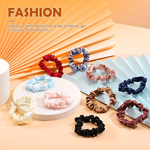 WILLBOND 12 Pcs Small Mini Silk Scrunchies Bulk for Hair Mini Satin Scrunchy Elastic Ponytail Holders Thin Hair Bands Thick Curl Hair Ties Skinny Hair Accessories Ropes for Women Girl(Fresh Color)