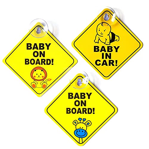 Baby on Board Sign (Pack of 4)- Safety Signs Need for Cars.Kids Safety Warning Sticker Notice Board with Suction Cups.Child On Board Suction Signs for Car Window Cling 5"x5" (Pattern Baby)