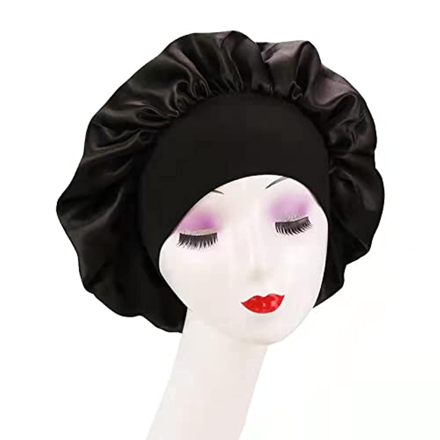 LFRNZS Satin Bonnet, Sleep Cap for Women Hair Care，Sleeping Hair Bonnet, Soft Wide Elastic Band Silk Bonnet, Night Bonnet (Black)