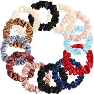 willbond 12 pcs small mini silk scrunchies bulk for hair mini satin scrunchy elastic ponytail holders thin hair bands thick curl hair ties skinny hair accessories ropes for women girl(fresh color)