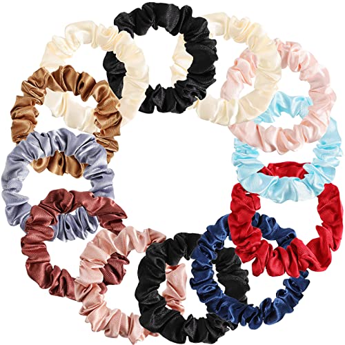 WILLBOND 12 Pcs Small Mini Silk Scrunchies Bulk for Hair Mini Satin Scrunchy Elastic Ponytail Holders Thin Hair Bands Thick Curl Hair Ties Skinny Hair Accessories Ropes for Women Girl(Fresh Color)