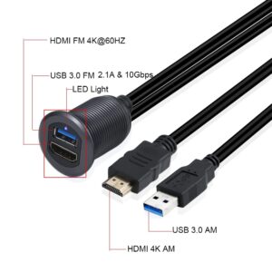 Kework USB 3.0 & HDMI Mount with Light, 3.3ft USB 3.0 Male to Female & HDMI 4K Male to Female Flush Panel Dashboard Mount Extension Cable for Car Truck Boat Motorcycle, Metal Shell, Gray