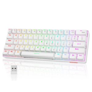 redthunder 60% wireless mechanical keyboard, 1850mah rechargeable battery wireless gaming keyboard, true rgb backlit, 61 keys compact layout for pc gamer (white, blue switch)