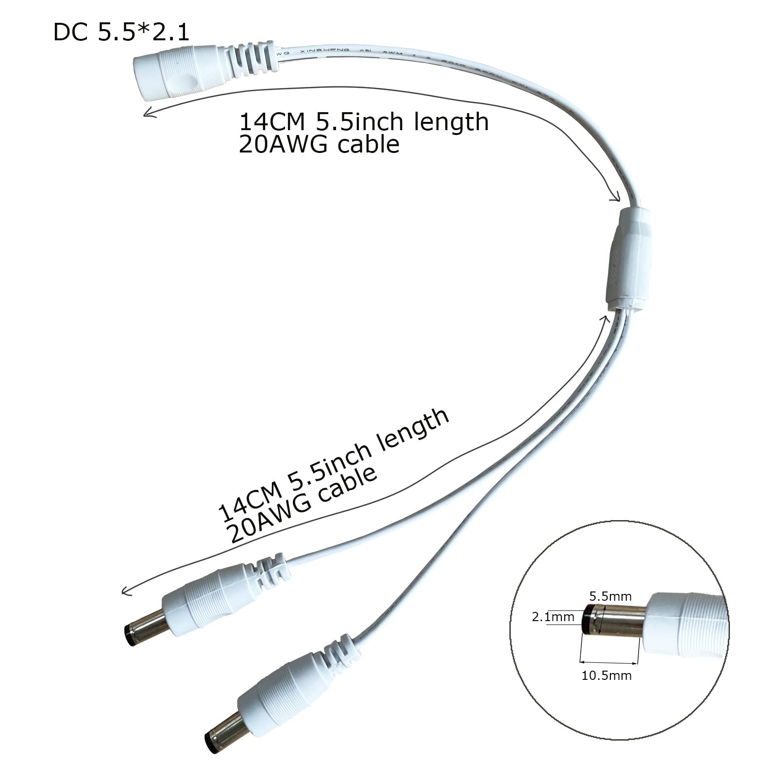 Litever Power Splitter, 2 Way, White, 1 DC5521 Female Jack to 2 DC5521 Male Plugs, 5.5mm x 2.1mm, 1:2, Y Adaptor Copper Cable, for CCTV Camera & LED Strip Lighting Power Supply Connector