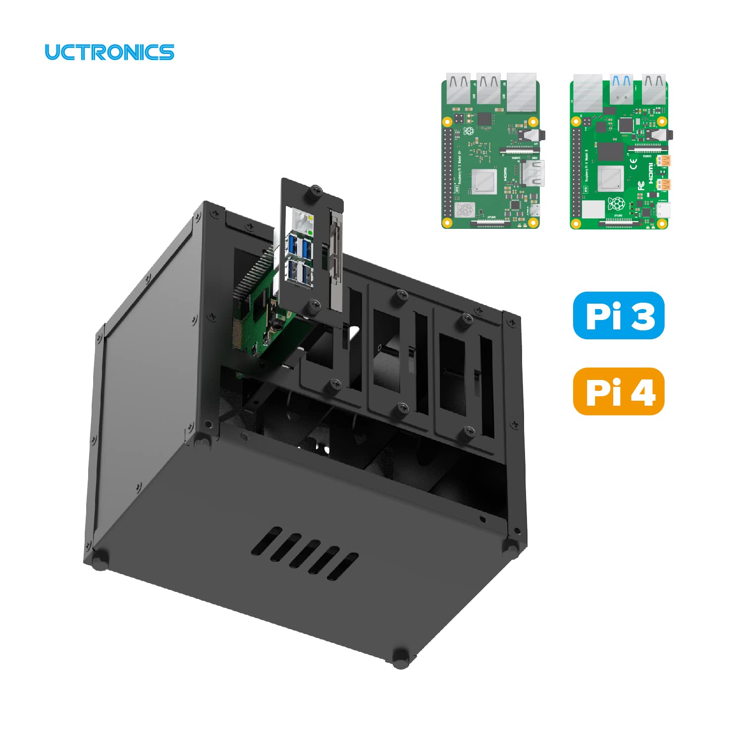 UCTRONICS Upgraded Complete Enclosure for Raspberry Pi Cluster, with 4 Removable Mounting Brackets for Pi 5, 4B, 3B+/3B, and Other B Model and 2 Cooling Fans,support 4 2.5" SSD and Switch