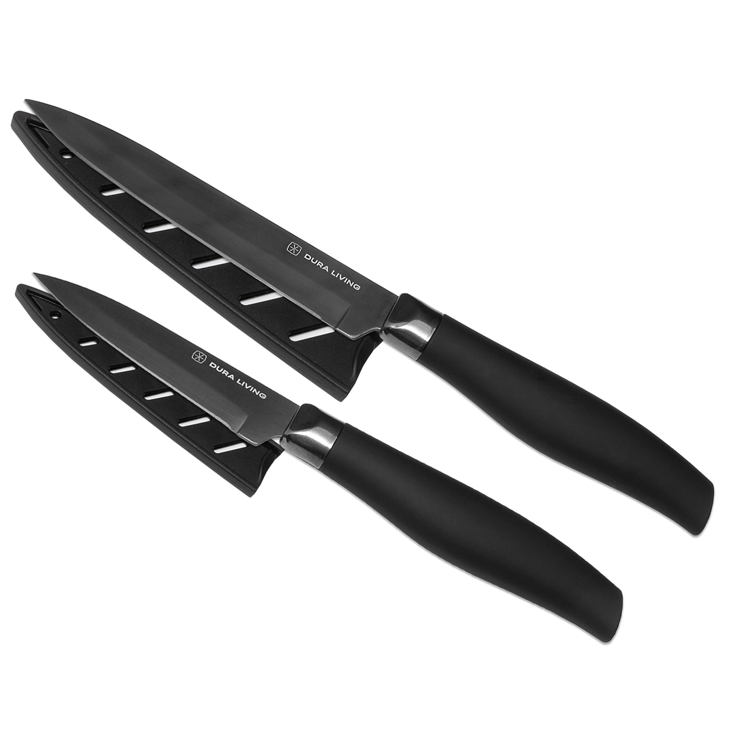 DURA LIVING Paring Knife - 3.5 Inch Black Nonstick Titanium Plated Stainless Steel Ultra Sharp Blade, With Ergonomic Comfort Grip Handle Kitchen Knife, With Matching Sheath