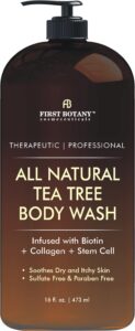 all natural body wash - fights body odor, athlete’s foot, jock itch, nail issues, dandruff, acne, eczema, shower gel for women & men, skin cleanser -16 fl oz (tea tree, biotin, collagen & stem cells)