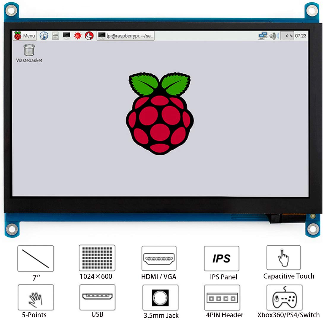 for Raspberry Pi 7inch HDMI LCD (H), 7" 1024x600 Capacitive Touch Screen IPS Display Monitor HDMI / VGA Port, for Raspberry Pi 4B/3B+/3B/2B/A+/Zero W/WH/ Jetson Nano/Banana Pi /Windows 10/8.1/8/7