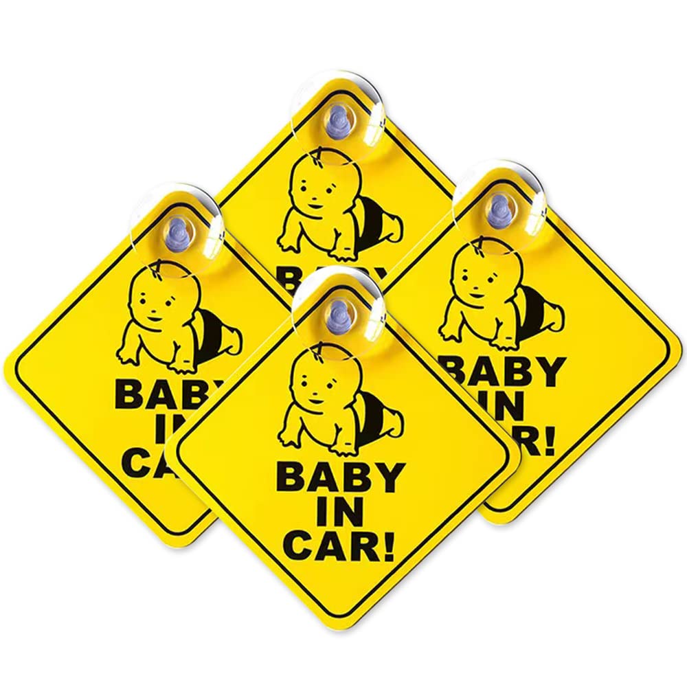 Baby on Board Sign (Pack of 4)- Safety Signs Need for Cars.Kids Safety Warning Sticker Notice Board with Suction Cups.Child On Board Suction Signs for Car Window Cling 5"x5" (Pattern Baby)