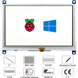 waveshare 5inch HDMI LCD (B) 5" 800×480 Resistive Touch Screen LCD TFT Monitor for Raspberry Pi 4B/3B+/3B/2B/A+/Zero/Zero W/WH, PC Windows 10/8.1/8/7, Driver Free