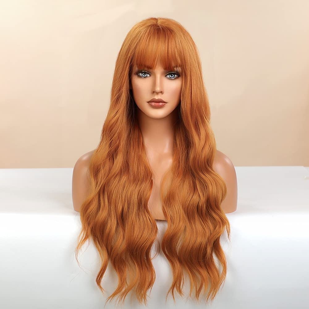 FORCUTEU Ginger Wig with Bangs Orange Wigs for Women Long Orange Wig Ginger Wavy Wigs 26 Inch Heat Resistant Wigs for Daily Party Use Halloween(Ginger Orange)