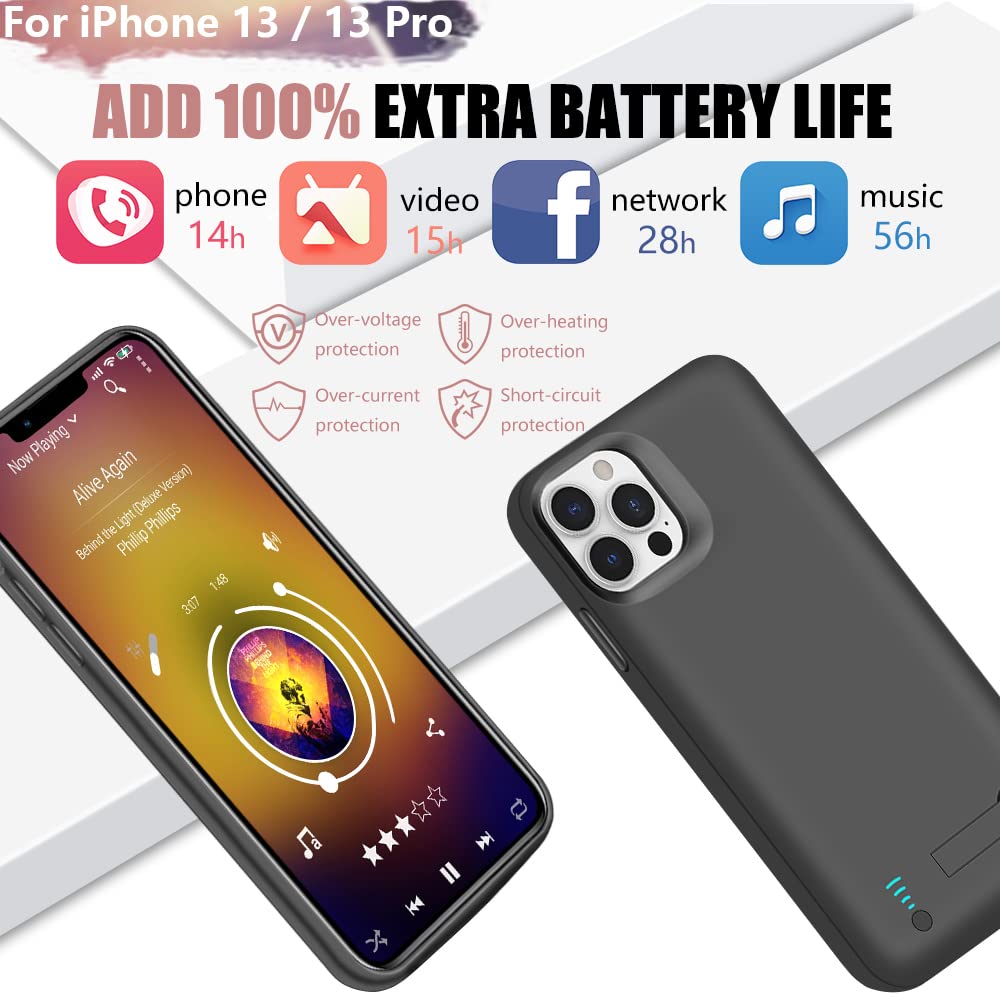 BAHOND Battery Case for iPhone 13/13 Pro, 5000mAh Rechargeable Extended Battery Charging/Charger Case, Add 100% Extra Juice, Support Wire Headphones (6.1 inch) Black