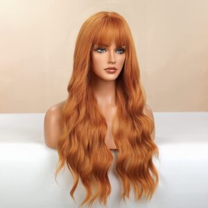 FORCUTEU Ginger Wig with Bangs Orange Wigs for Women Long Orange Wig Ginger Wavy Wigs 26 Inch Heat Resistant Wigs for Daily Party Use Halloween(Ginger Orange)