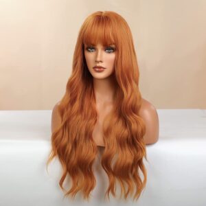 FORCUTEU Ginger Wig with Bangs Orange Wigs for Women Long Orange Wig Ginger Wavy Wigs 26 Inch Heat Resistant Wigs for Daily Party Use Halloween(Ginger Orange)