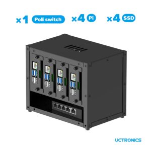 UCTRONICS Upgraded Complete Enclosure for Raspberry Pi Cluster, with 4 Removable Mounting Brackets for Pi 5, 4B, 3B+/3B, and Other B Model and 2 Cooling Fans,support 4 2.5" SSD and Switch