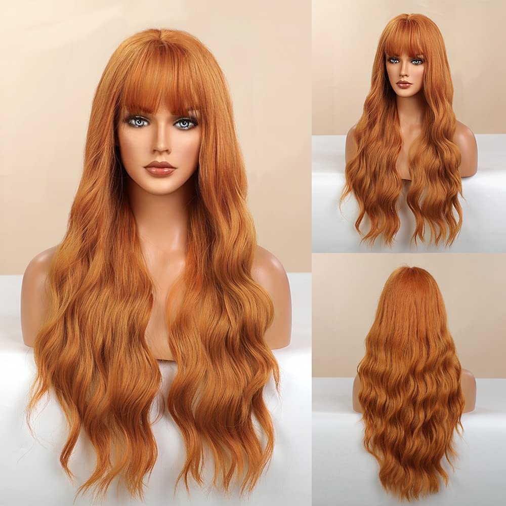 FORCUTEU Ginger Wig with Bangs Orange Wigs for Women Long Orange Wig Ginger Wavy Wigs 26 Inch Heat Resistant Wigs for Daily Party Use Halloween(Ginger Orange)