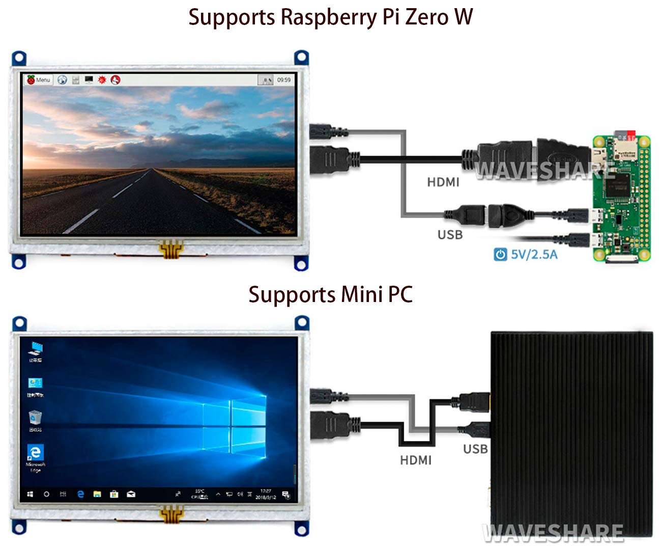 waveshare 5inch HDMI LCD (B) 5" 800×480 Resistive Touch Screen LCD TFT Monitor for Raspberry Pi 4B/3B+/3B/2B/A+/Zero/Zero W/WH, PC Windows 10/8.1/8/7, Driver Free