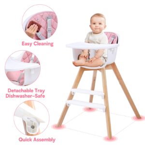 PAPAMIA Baby High Chair, Detachable Infant Feeding Dining Chair, 2-Level Height Adjust Easy-to-Clean Baby Chair with Safety Buckle and Detachable Dinner Plate, for Home and Traveling (Pink)