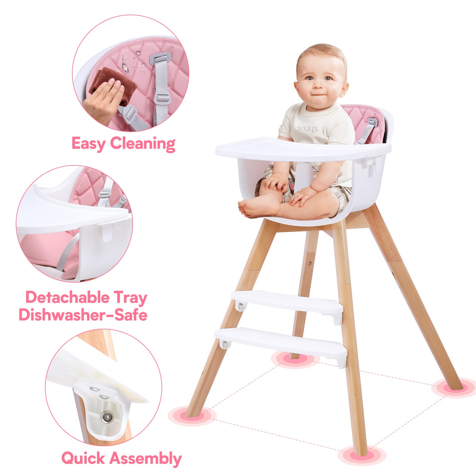 PAPAMIA Baby High Chair, Detachable Infant Feeding Dining Chair, 2-Level Height Adjust Easy-to-Clean Baby Chair with Safety Buckle and Detachable Dinner Plate, for Home and Traveling (Pink)