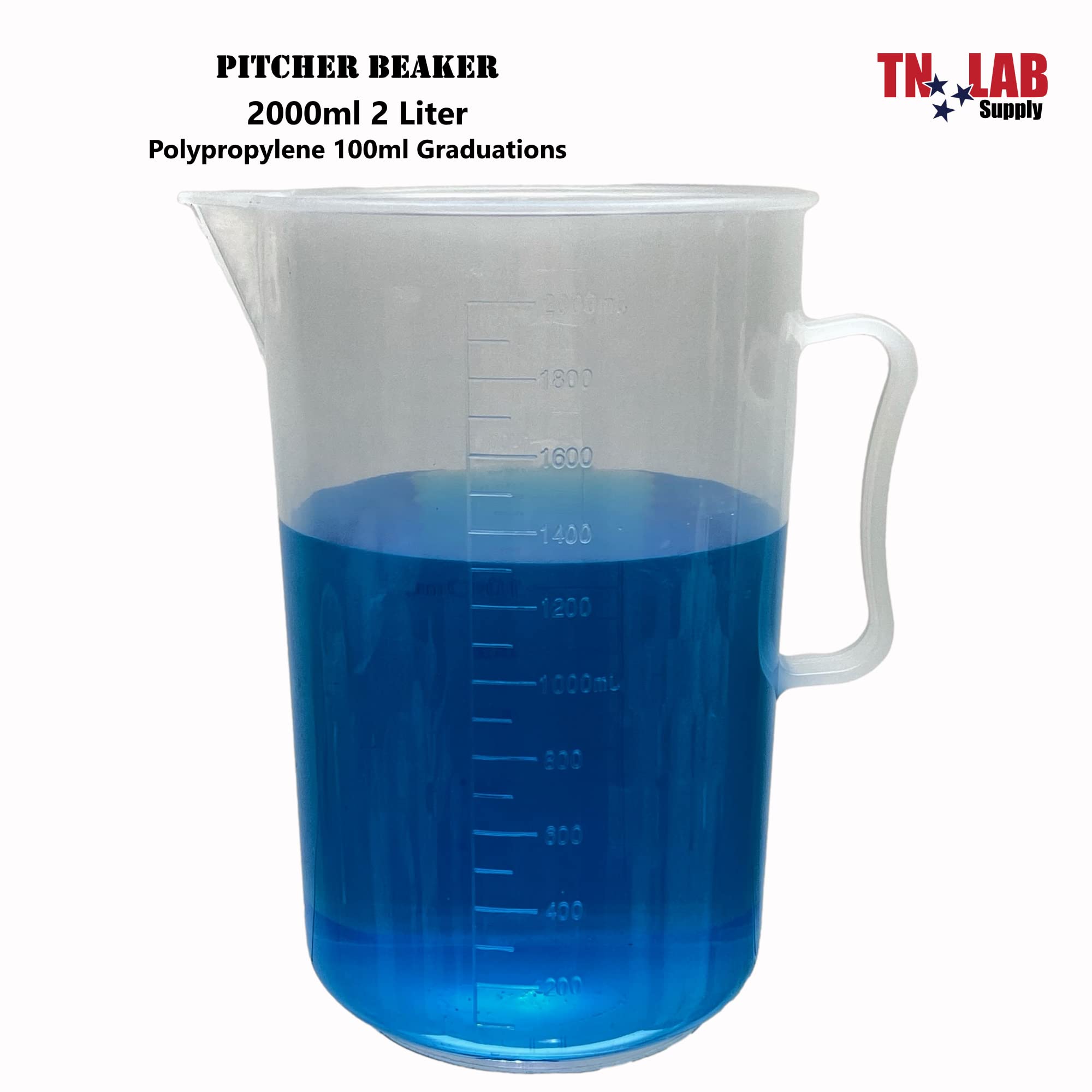 TN LAB Beaker Pitcher Measuring Cup Strong Handle Polypropylene Plastic Graduated 2000ml 2L Holds 2 Quarts 3-Pack