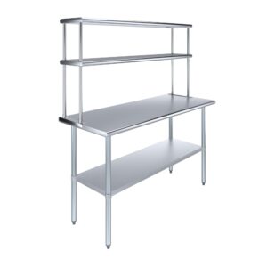 stainless work table with wide double tier overshelf | metal kitchen prep table & shelving combo