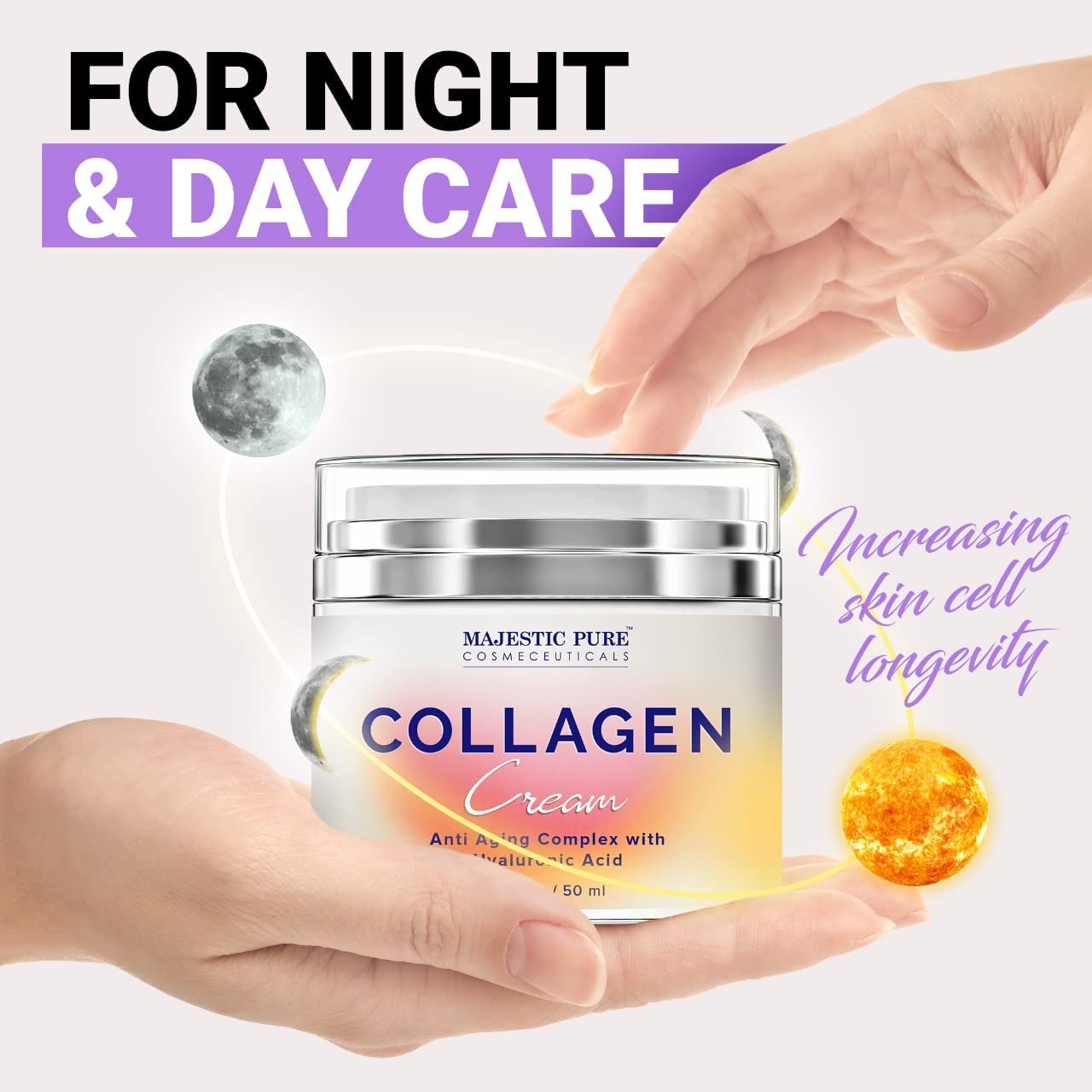 Majestic Pure Collagen Cream for Face, Day & Night Cream with Anti Aging Complex and Hyaluronic Acid - Collagen & Antioxidant Nutrients - Reduces Looks of Wrinkles and Pores - Men & Women, 50 ml