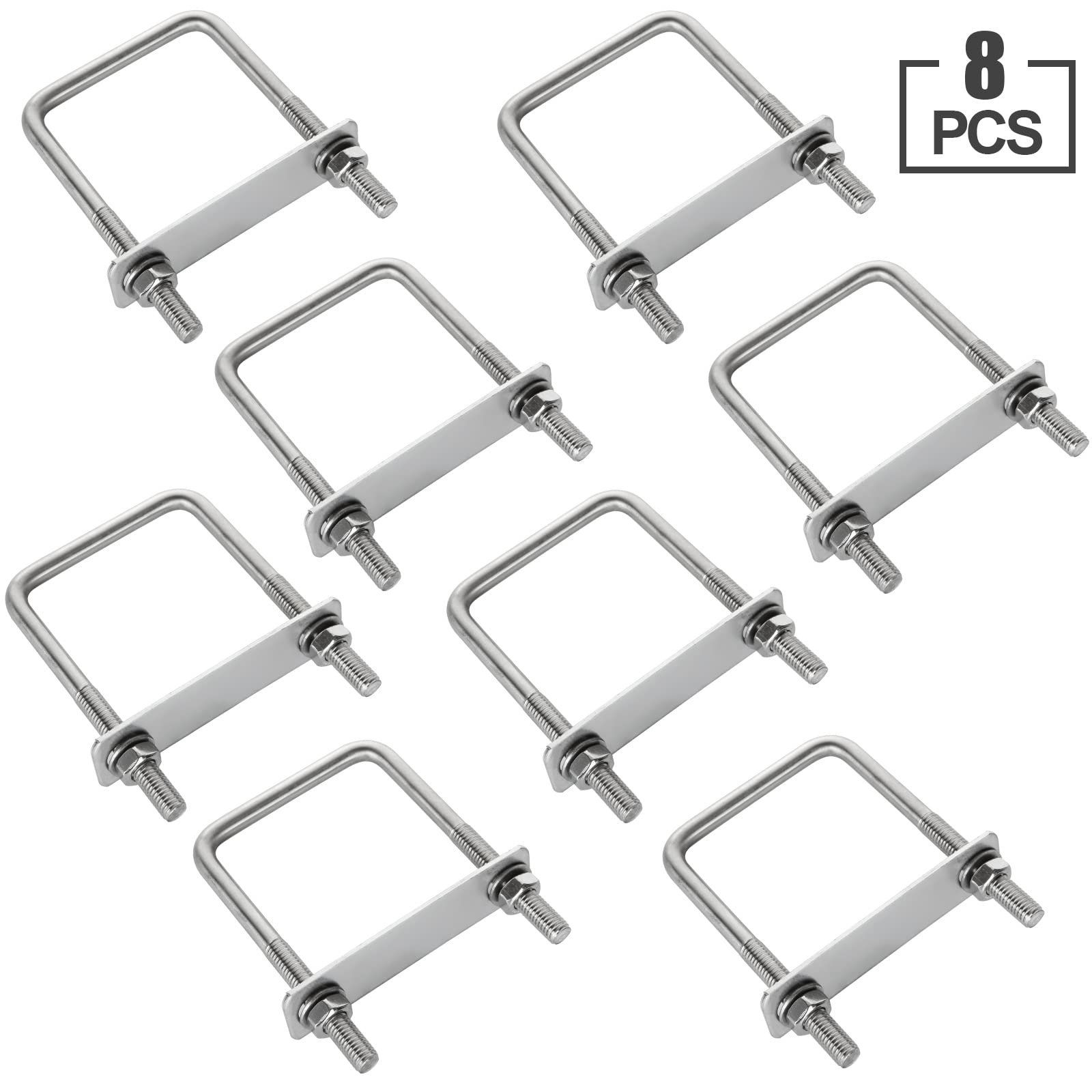 CertBuy 8 Pack Square U-Bolts 2-1/2" Inner Width 100mm Length 304 Stainless Steel U-Bolts with Washers and Nuts Replacement Parts and Accessories for Automobiles Trailer, Ski Boat, or Sailboat Trailer