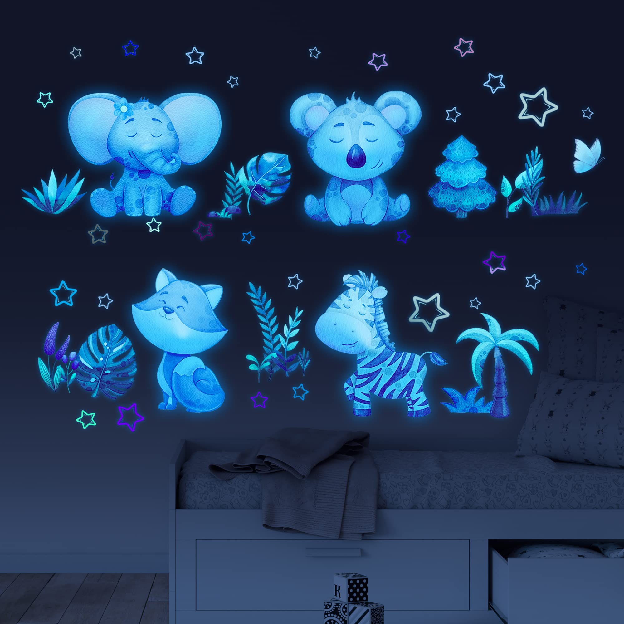 Safari Animal Wall Decals Glow in The Dark Wall Decals Jungle Zoo Wall Stickers Peel and Stick Cartoon Forest Animals Fox Bear Elephant Zebra Decal for Kids Boys Girls Nursery Bedroom Playroom Decor