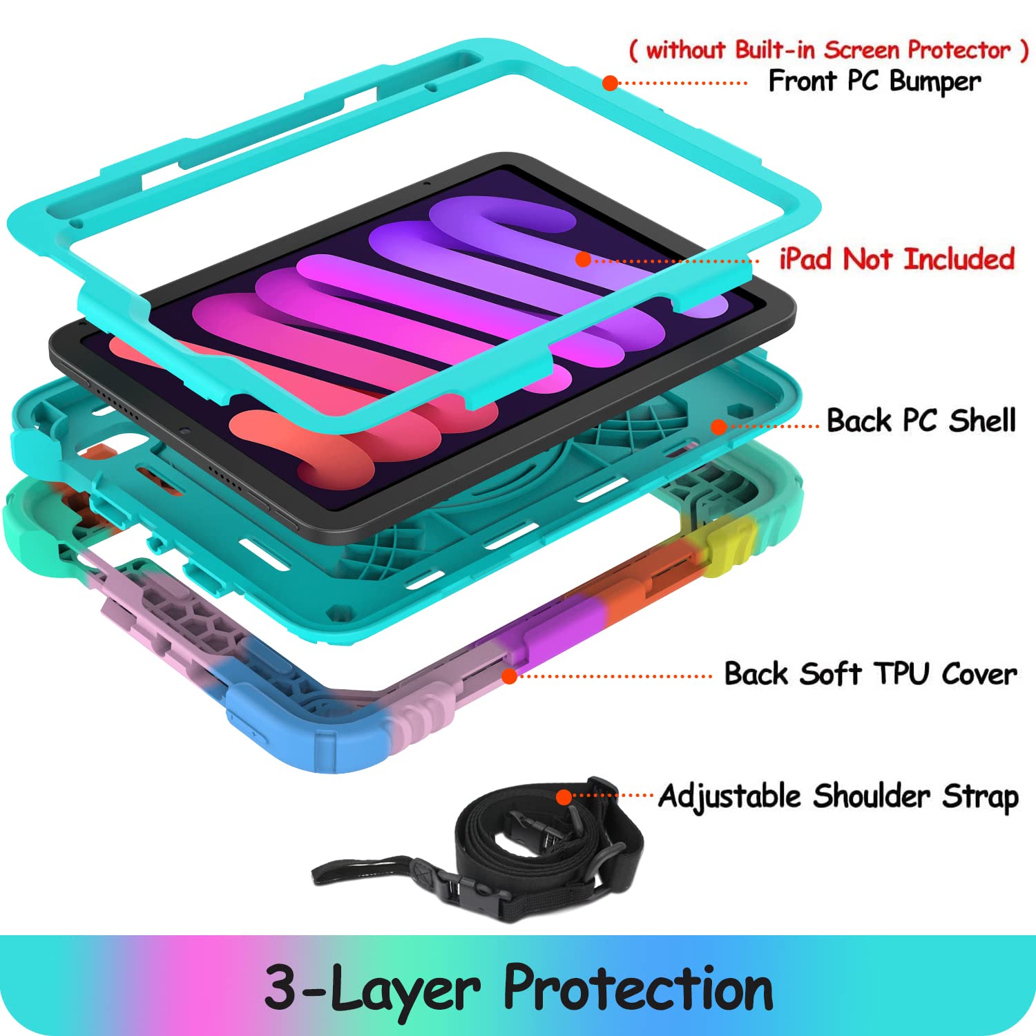 LTROP iPad Mini 6 Case 2021, iPad Mini 6th Generation Case for Kids, Heavy Duty Shockproof Cover with Pencil Holder/360 Rotating Stand/Hand Strap for iPad Mini 6th Generation 8.3 Inch 2021, Aqua Teal