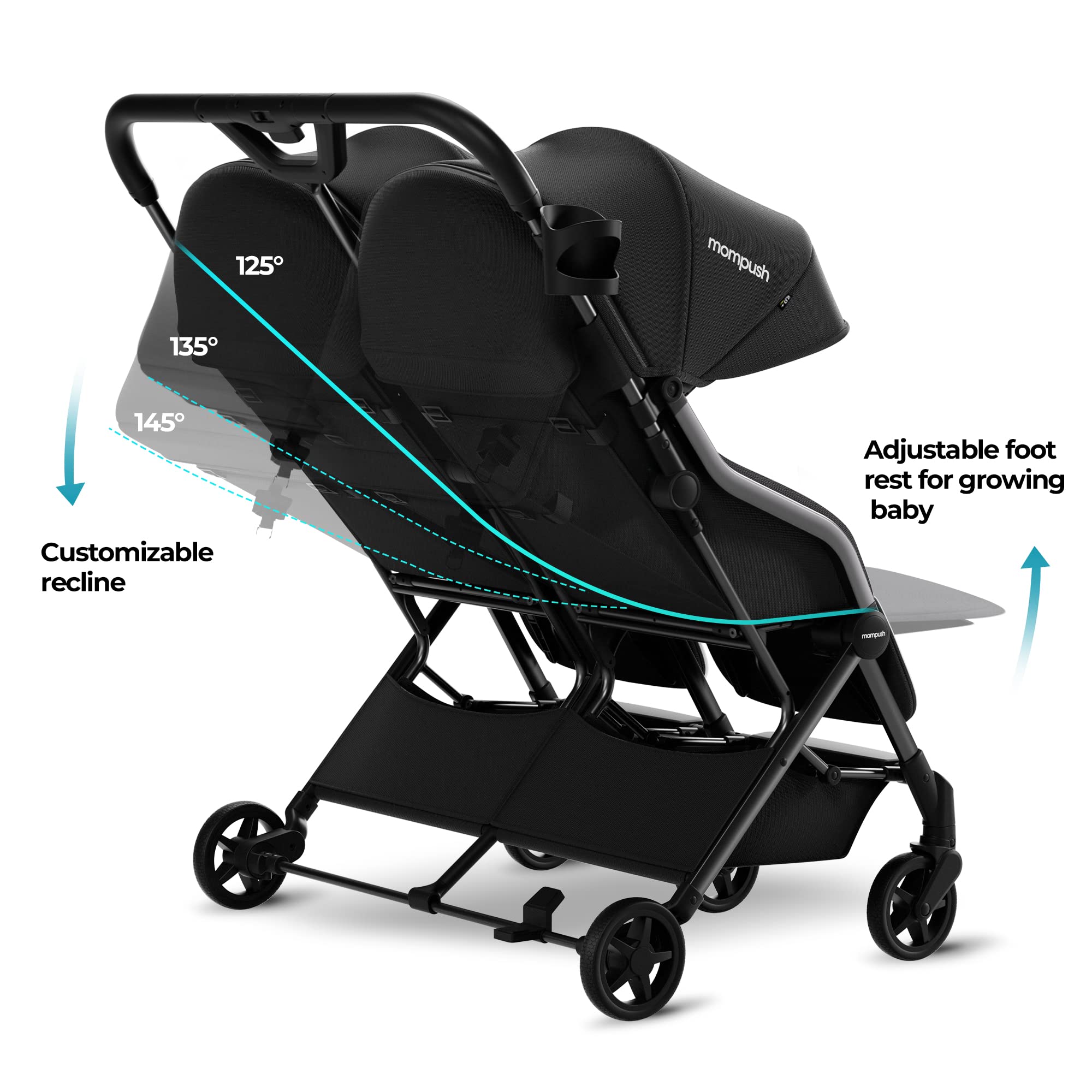 Mompush Lithe Double Ultralight Stroller, Lightweight Side by Side Stroller, Two Large Seats with Individual Recline, Easy Fold