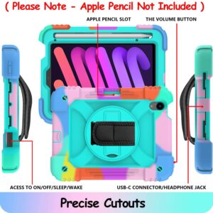 LTROP iPad Mini 6 Case 2021, iPad Mini 6th Generation Case for Kids, Heavy Duty Shockproof Cover with Pencil Holder/360 Rotating Stand/Hand Strap for iPad Mini 6th Generation 8.3 Inch 2021, Aqua Teal