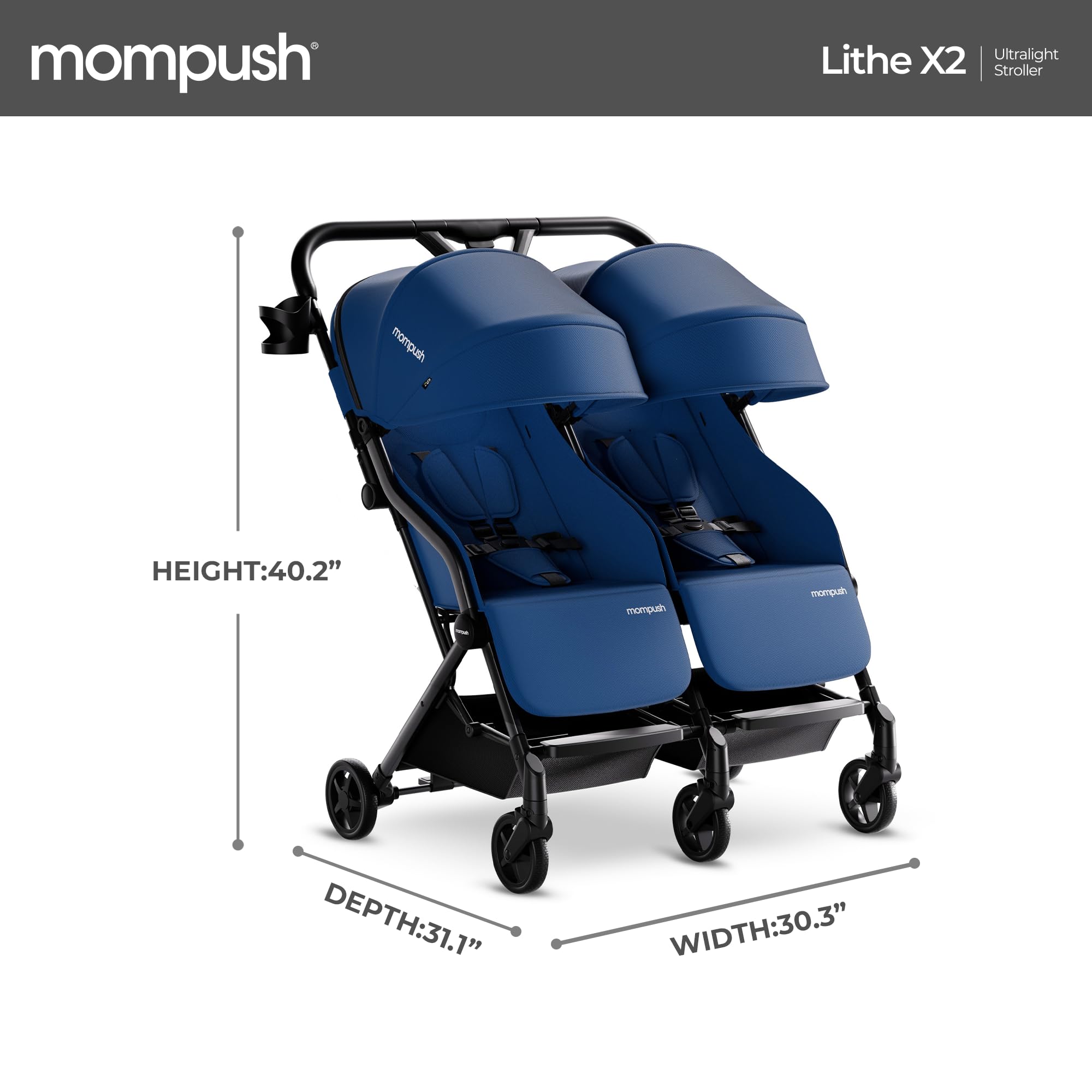 Mompush Lithe Double Ultralight Stroller, Lightweight Side by Side Stroller, Two Large Seats with Individual Recline, Easy Fold