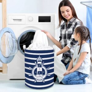 Clastyle 45L Nautical Compass Laundry Hamper Waterproof Collapsible Navy Stripe Laundry Baskets with Drawstring Bedroom Living Room Nursery Storage Basket with Handle, 14 * 17.7 in