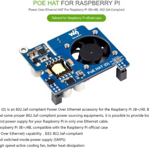 Power Over Ethernet HAT (D) for Raspberry Pi 4B/3B+, PoE HAT Board with Cooling Fan, Support IEEE 802.3af-Compliant, 5V 2.5A PoE Power Output,Compatible with Official Raspberry Pi 4B/3B+ Case