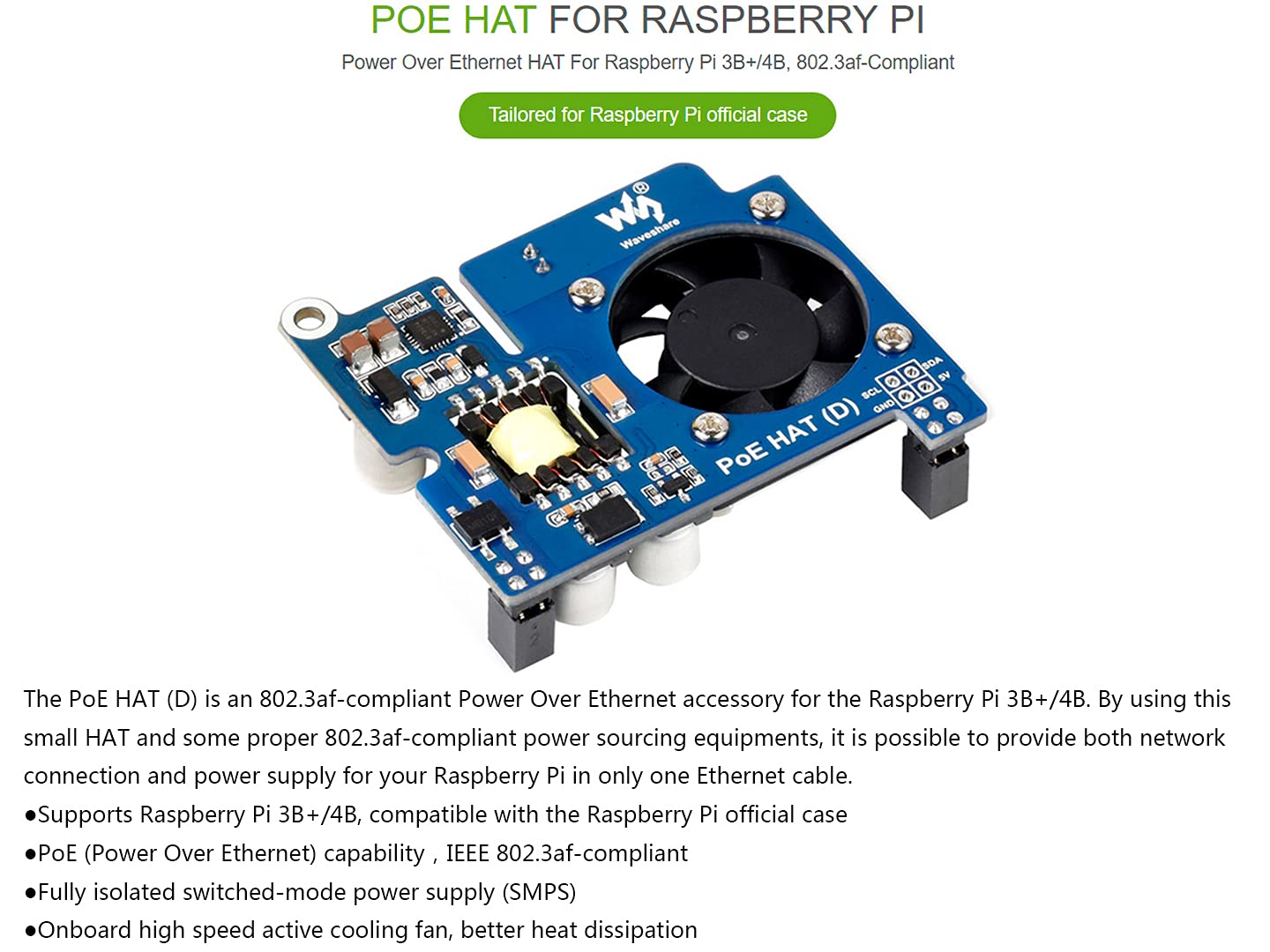 Power Over Ethernet HAT (D) for Raspberry Pi 4B/3B+, PoE HAT Board with Cooling Fan, Support IEEE 802.3af-Compliant, 5V 2.5A PoE Power Output,Compatible with Official Raspberry Pi 4B/3B+ Case