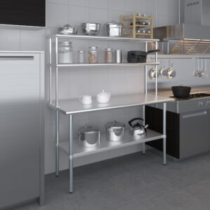 Stainless Work Table with Wide Double Tier Overshelf | Metal Kitchen Prep Table & Shelving Combo