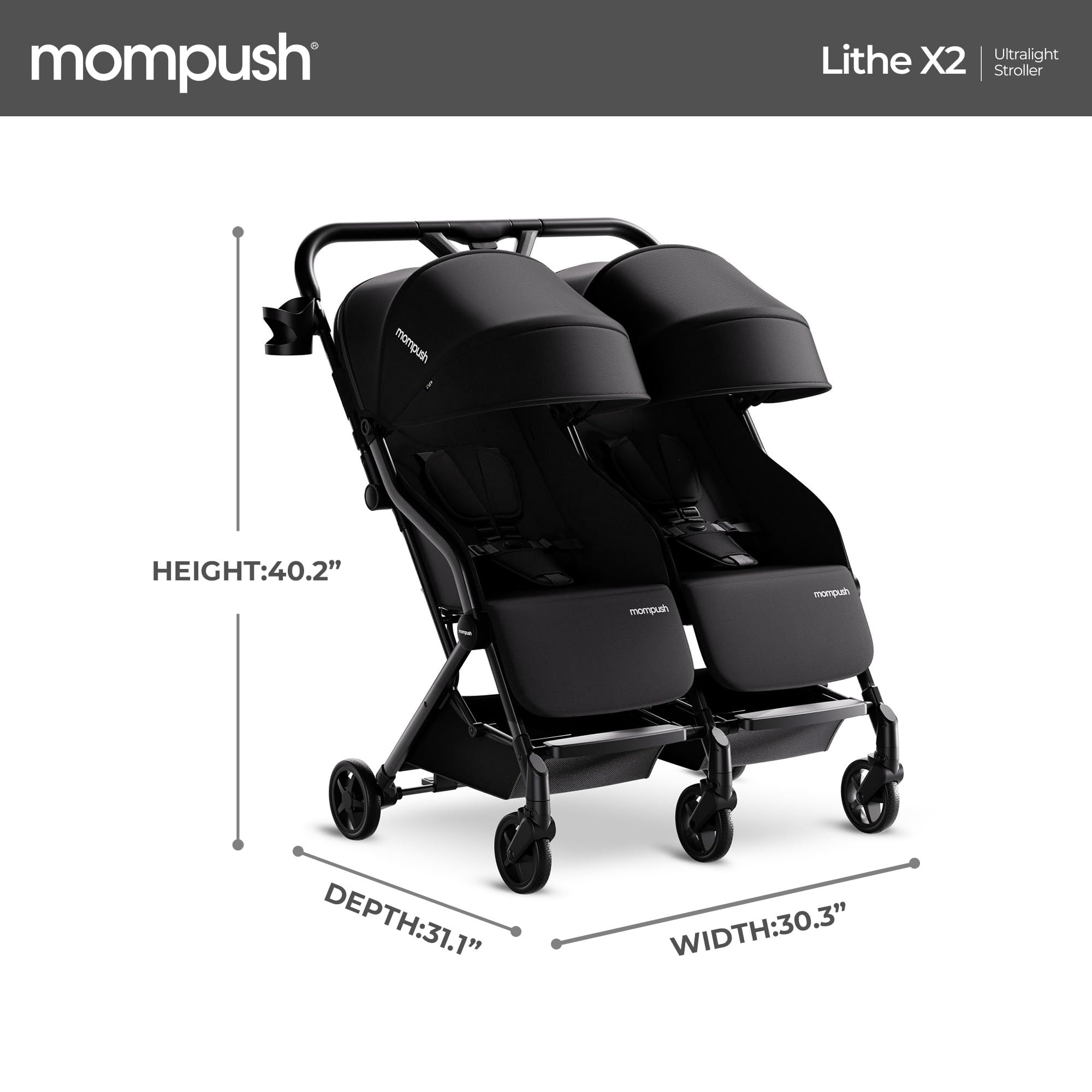 Mompush Lithe Double Ultralight Stroller, Lightweight Side by Side Stroller, Two Large Seats with Individual Recline, Easy Fold