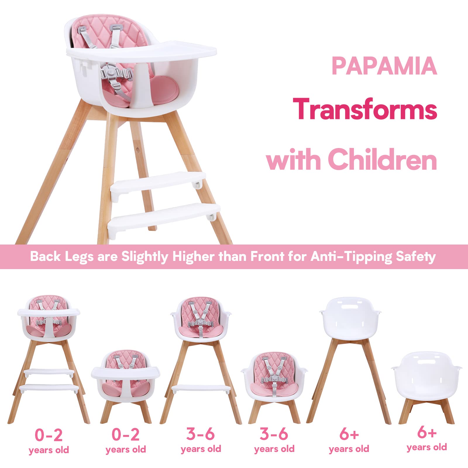 PAPAMIA Baby High Chair, Detachable Infant Feeding Dining Chair, 2-Level Height Adjust Easy-to-Clean Baby Chair with Safety Buckle and Detachable Dinner Plate, for Home and Traveling (Pink)