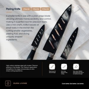 DURA LIVING Paring Knife - 3.5 Inch Black Nonstick Titanium Plated Stainless Steel Ultra Sharp Blade, With Ergonomic Comfort Grip Handle Kitchen Knife, With Matching Sheath