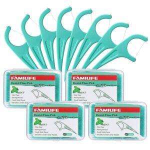 FAMILIFE Floss Picks Mint Dental Floss Picks with 4 Travel Handy Cases 240 Count Flossers and Double Line Flossers 200 Count, Unwaxed Flossing Thinner and Tougher Unflavored Threader Flosser