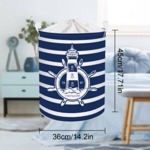 Clastyle 45L Nautical Compass Laundry Hamper Waterproof Collapsible Navy Stripe Laundry Baskets with Drawstring Bedroom Living Room Nursery Storage Basket with Handle, 14 * 17.7 in