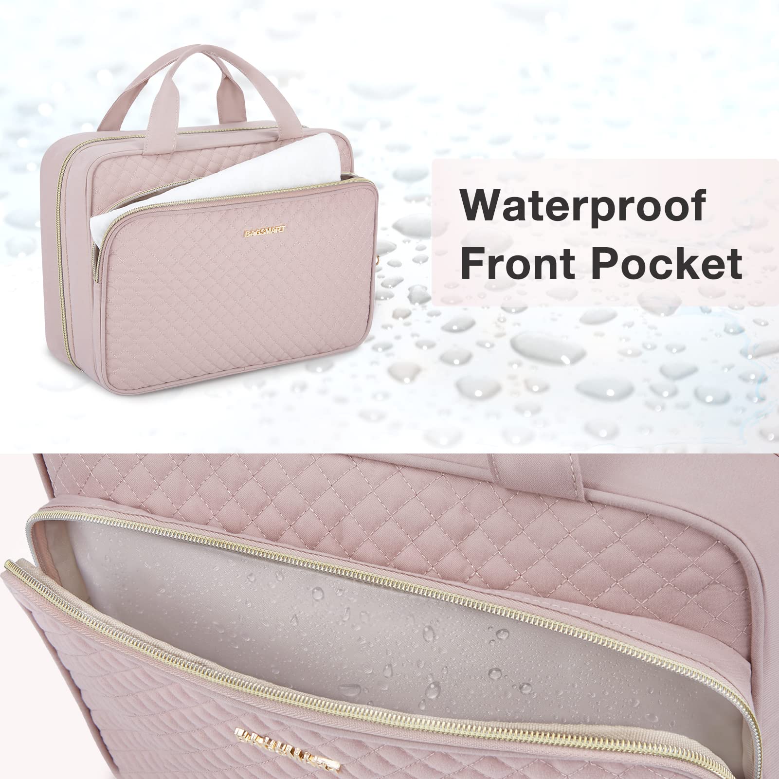 BAGSMART Travel Toiletry Bag, Toiletry Bag for Women with Makeup Bag, Water-resistant Travel Makeup Organizer with Hanging Hook for Full Sized Toiletries, Makeup Brushes, Travel Accessories, Pink