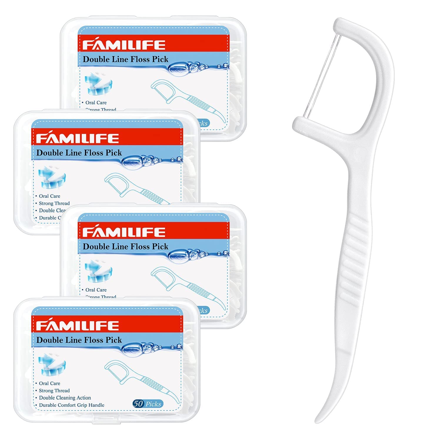 FAMILIFE Floss Picks Mint Dental Floss Picks with 4 Travel Handy Cases 240 Count Flossers and Double Line Flossers 200 Count, Unwaxed Flossing Thinner and Tougher Unflavored Threader Flosser