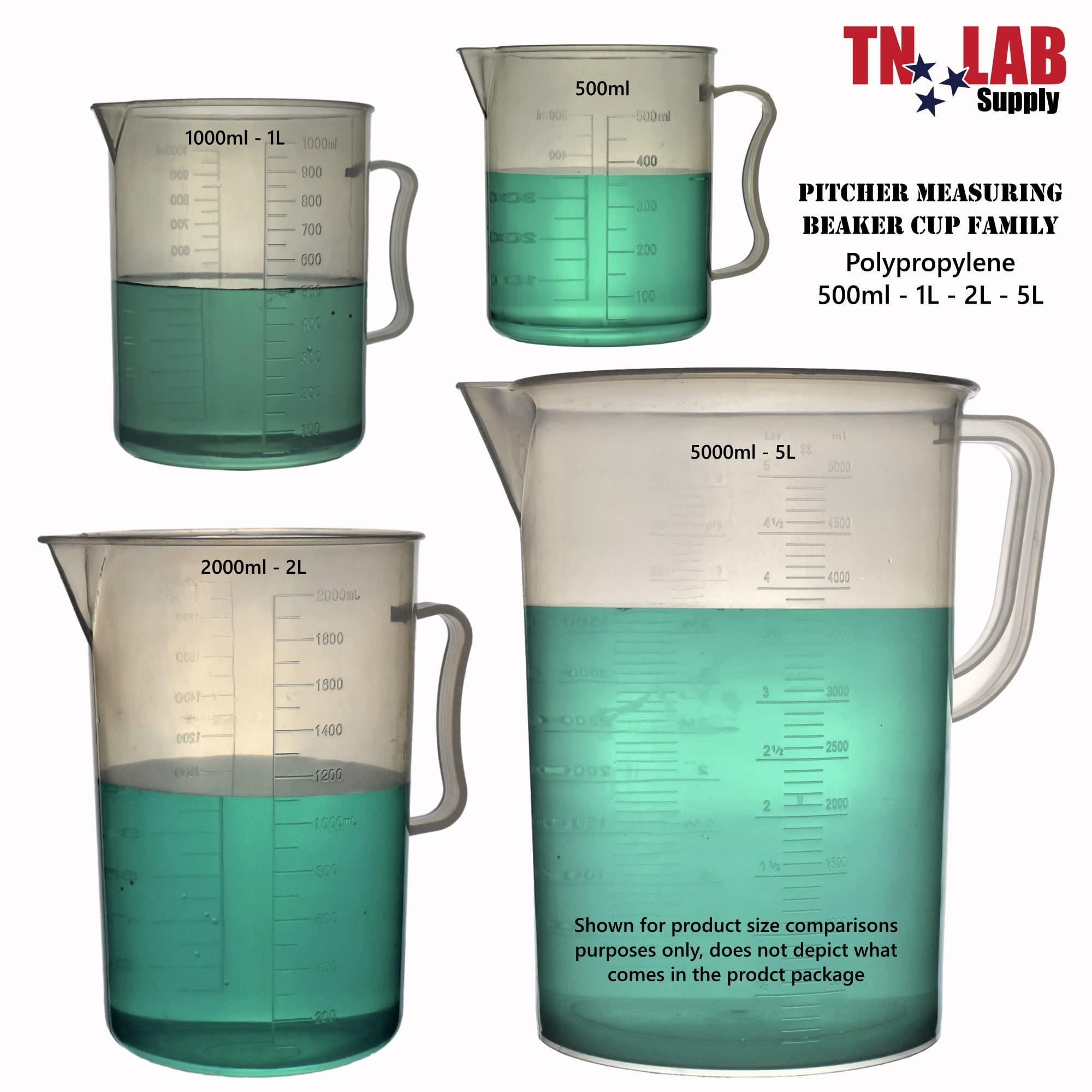 TN LAB Beaker Pitcher Measuring Cup Strong Handle Polypropylene Plastic Graduated 2000ml 2L Holds 2 Quarts 3-Pack