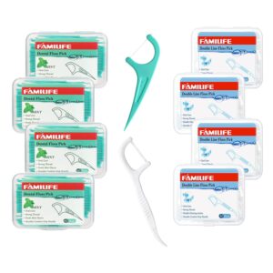 familife floss picks mint dental floss picks with 4 travel handy cases 240 count flossers and double line flossers 200 count, unwaxed flossing thinner and tougher unflavored threader flosser