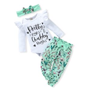 zoelnic newborn baby girl clothes ruffles long sleeve romper floral leopard pants headband 3pcs toddler outfit sets(green,6-9m)