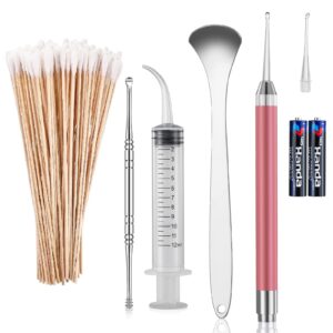 xuke tonsil stone removal set includes 1 stainless steel tonsil stone removal tool, 1 tonsil stone remover with led light, 100 long swabs andstainless steel tongue cleaner scraper (small)