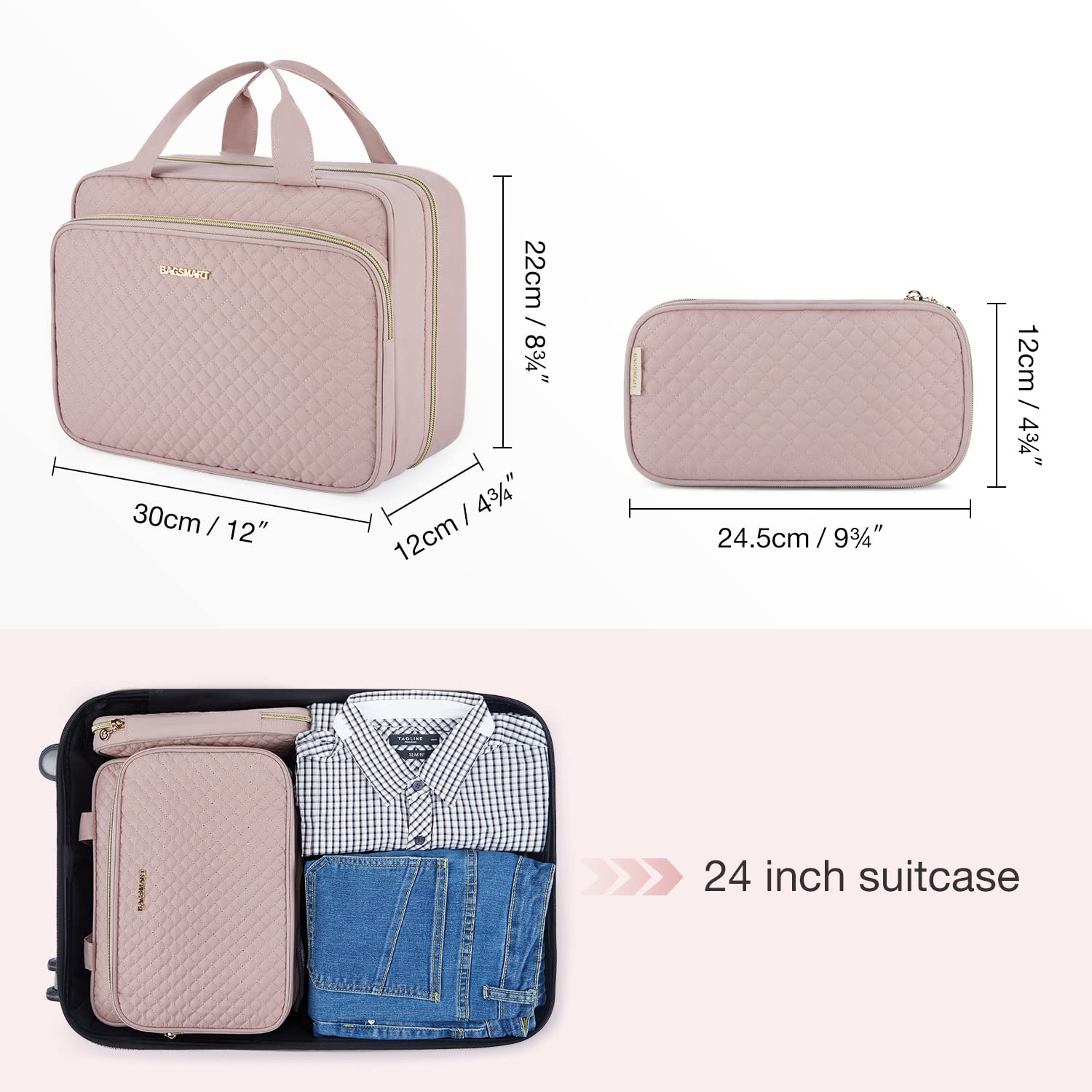 BAGSMART Travel Toiletry Bag, Toiletry Bag for Women with Makeup Bag, Water-resistant Travel Makeup Organizer with Hanging Hook for Full Sized Toiletries, Makeup Brushes, Travel Accessories, Pink